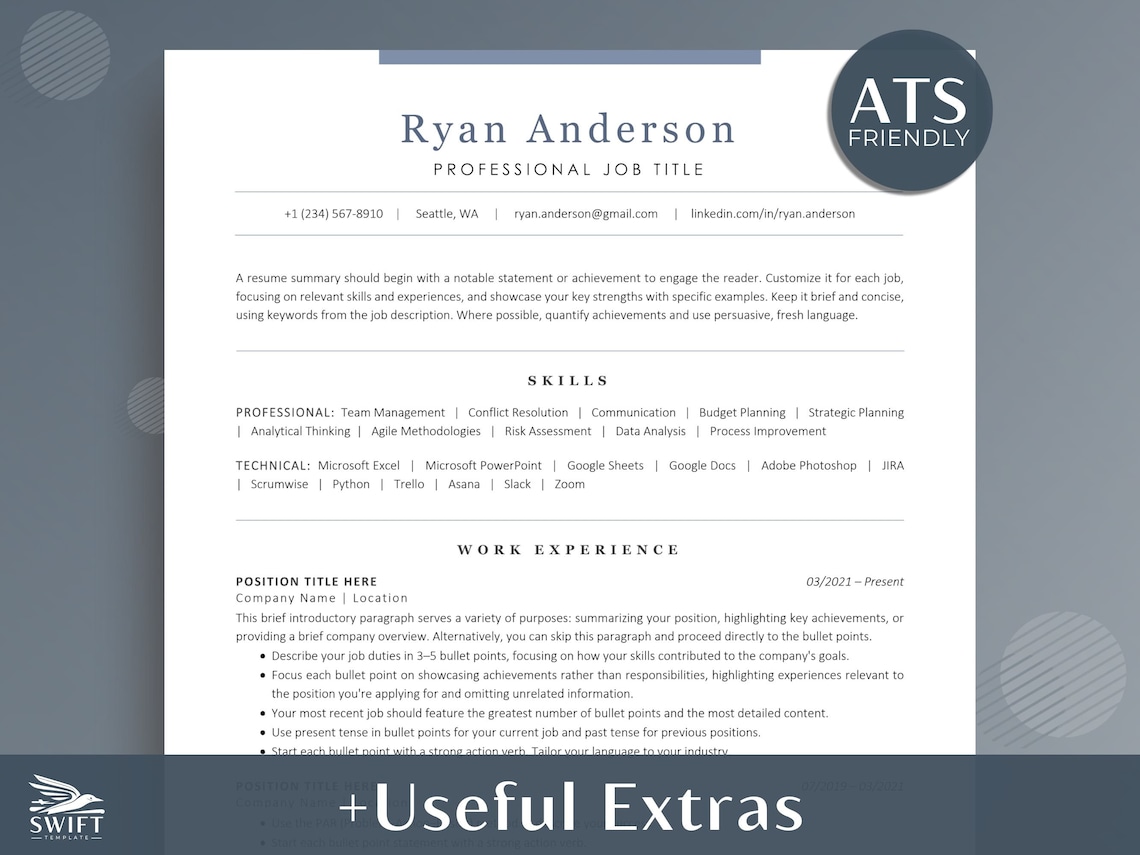 ATS Friendly Resume Template for Google Docs & Word, Resume Template ...