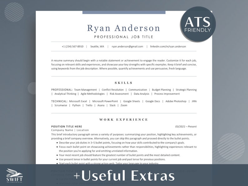 ATS Friendly Resume Template for Google Docs & Word, Resume Template ...