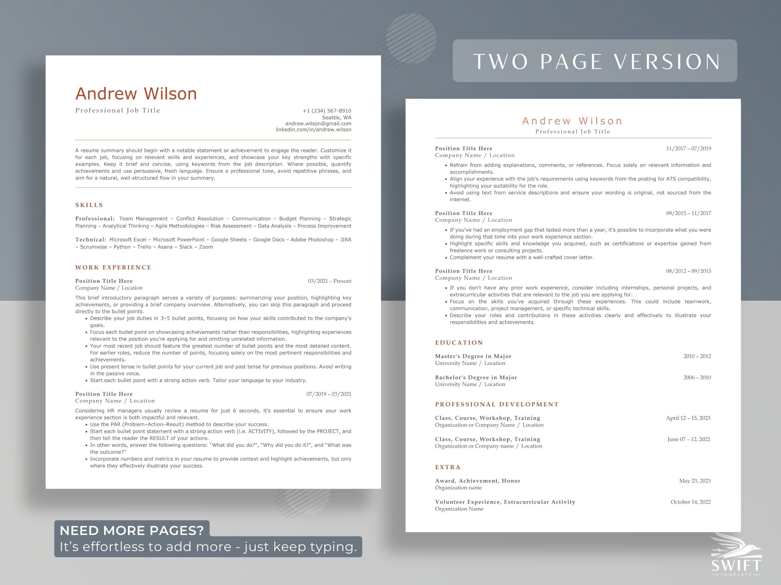 Professional ATS Friendly Resume Template for Word & Google Docs ...