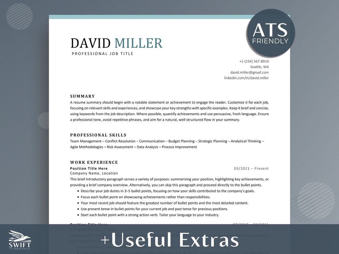 Minimalist ATS Resume Template Google Docs & Word, Simple Professional ...