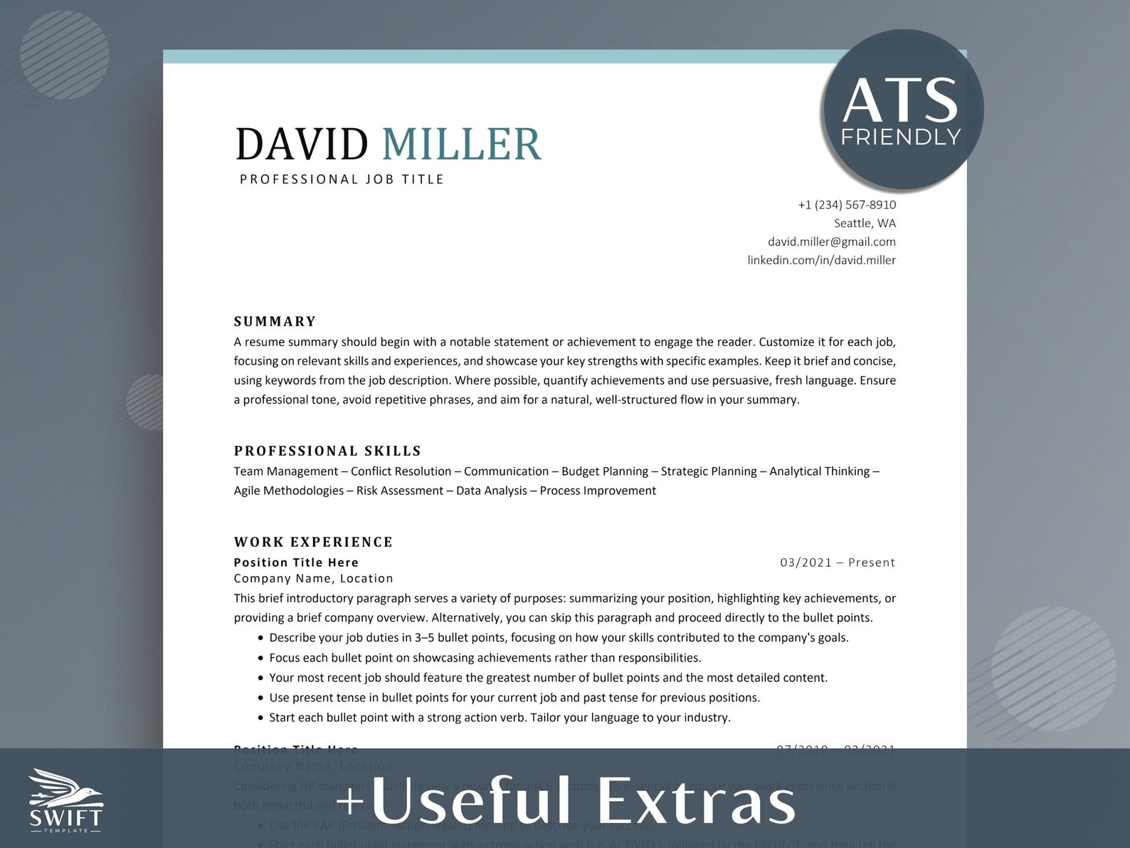 Minimalist ATS Resume Template Google Docs & Word, Simple Professional ...