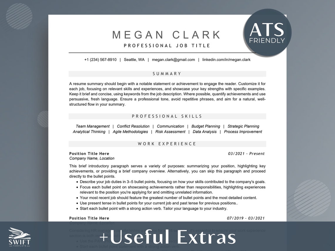 ATS Friendly Resume Template for Microsoft Word and Google Docs, 2 Page ...