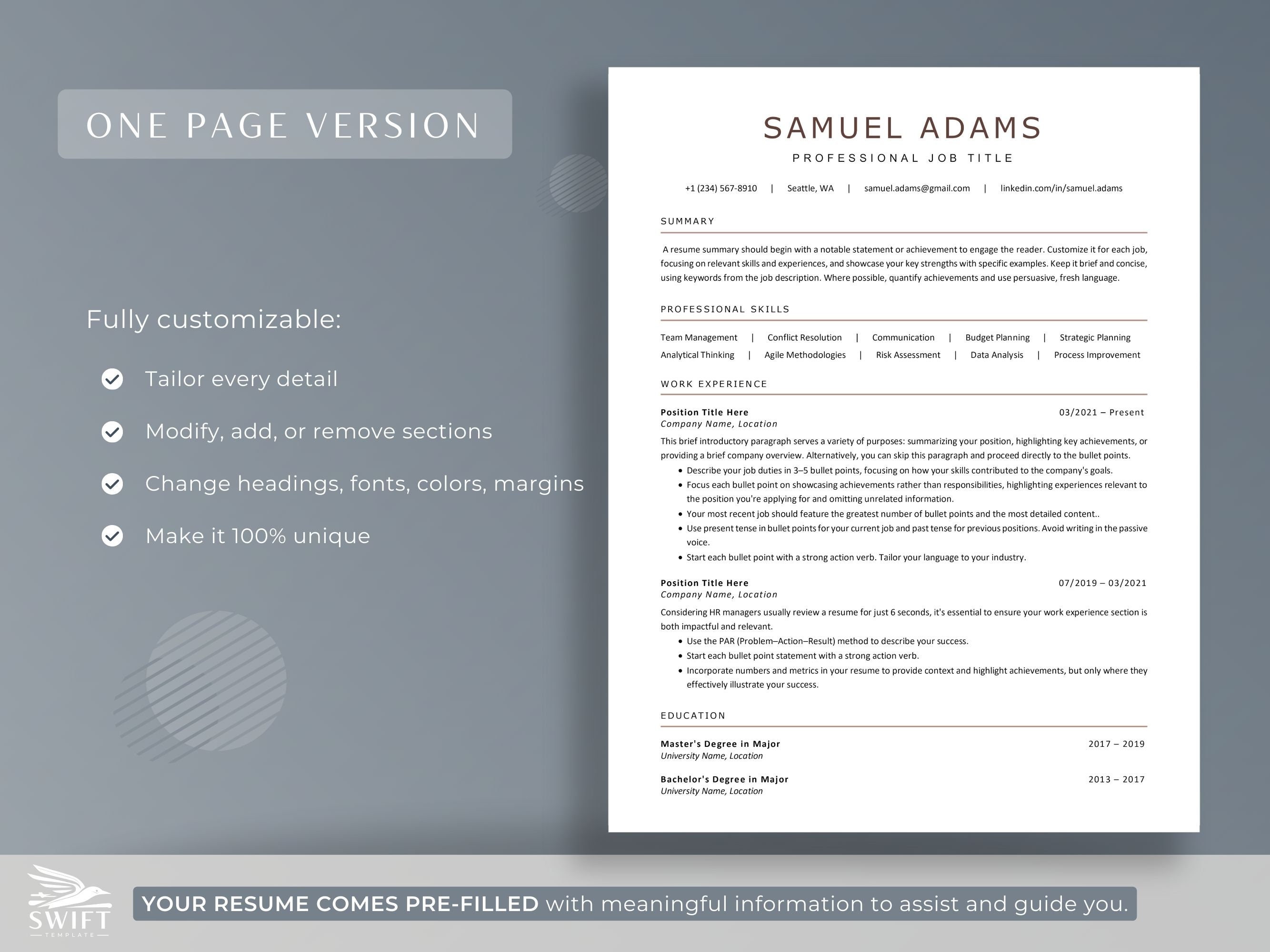 Modern ATS Resume Template for Word & Google Docs, Professional Cv ...