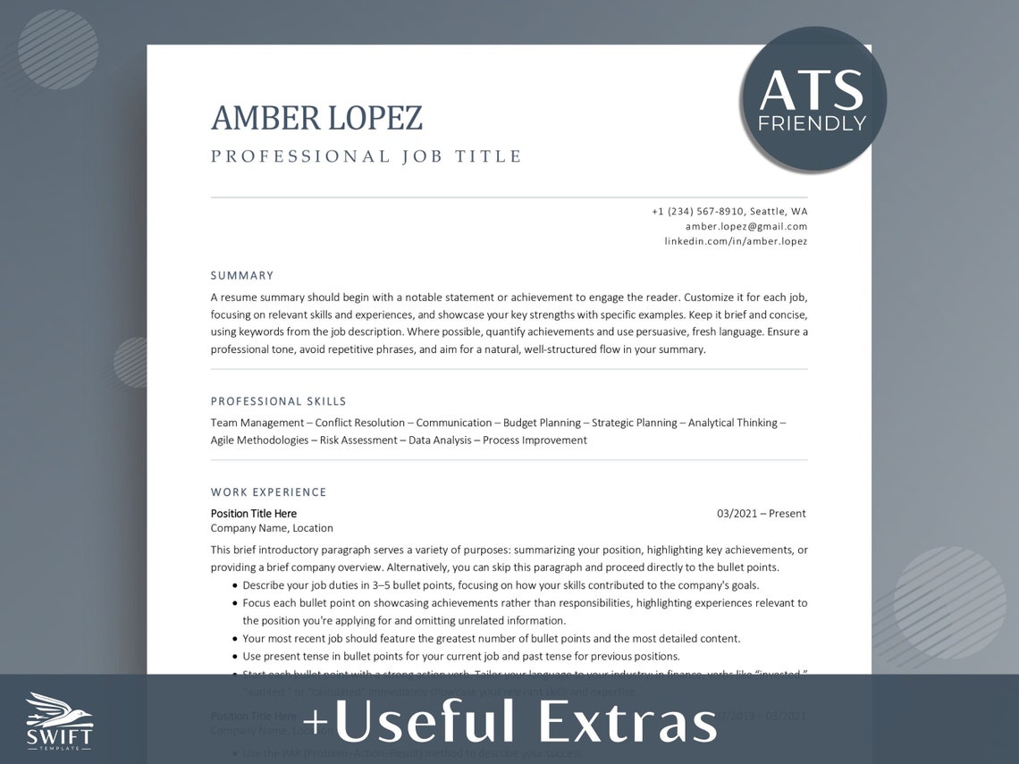 Professional ATS Resume Template for Word and Google Docs, Modern Cv ...