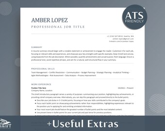 Modern ATS Resume Template for Word and Google Docs, Professional Cv ...