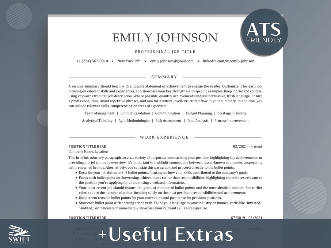ATS Friendly Resume Template for Microsoft Word and Google Docs, ATS ...
