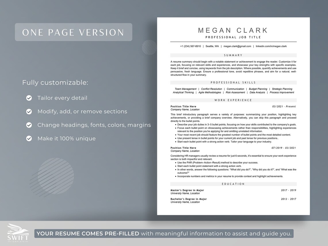 ATS Friendly Resume Template for Microsoft Word and Google Docs, 2 Page ...