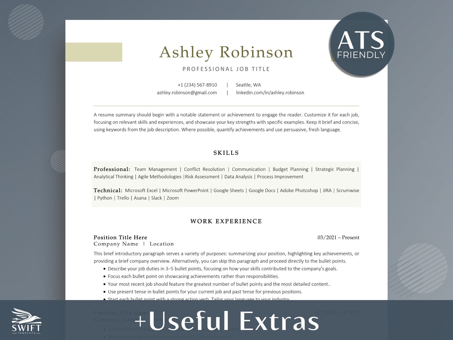 ATS Friendly Resume Template for Microsoft Word and Google Docs, Simple ...
