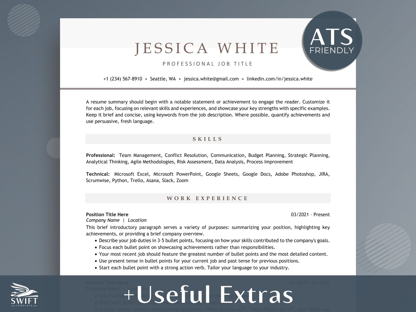 ATS Friendly Resume for Google Docs and Word, Traditional Professional ...