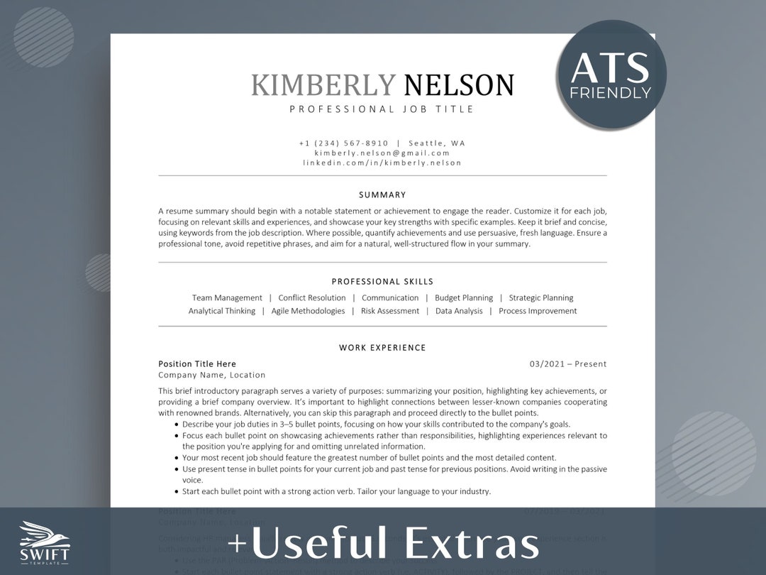 ATS Friendly Resume Template for MS Word & Google Docs, ATS Optimized ...
