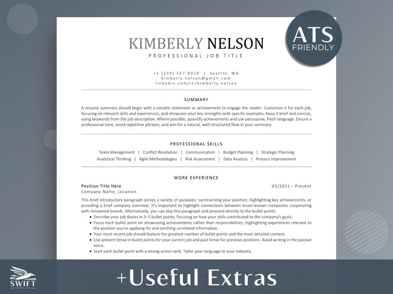 ATS Friendly Resume Template for MS Word & Google Docs, ATS Optimized ...