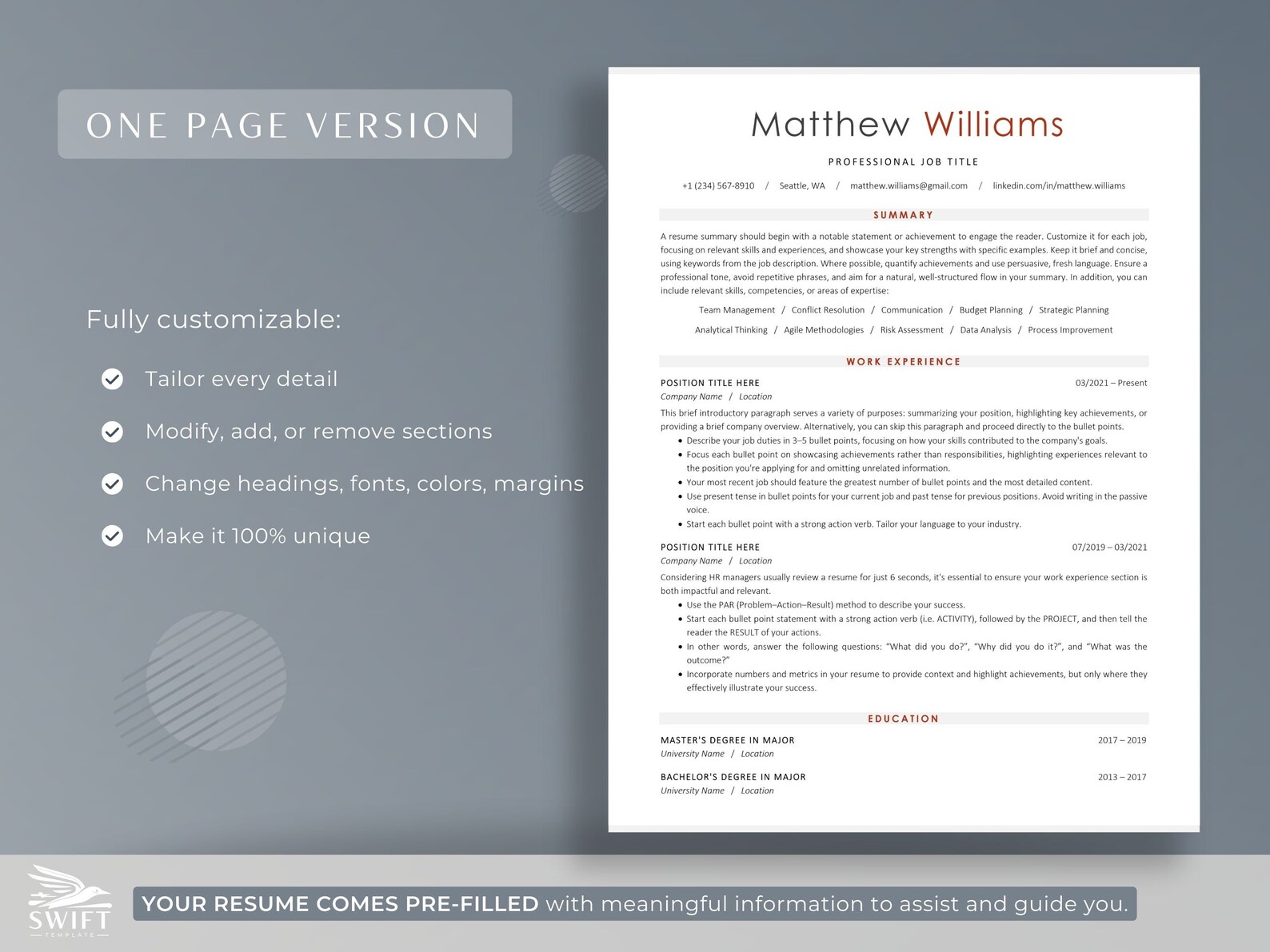 Modern ATS Resume Template for Word and Google Docs, Professional Cv ...