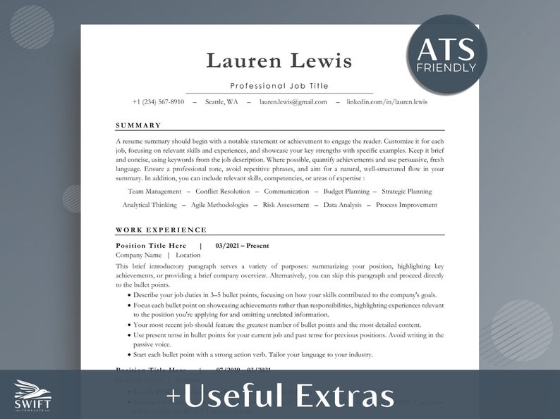ATS Compliant Resume Template for Word & Google Docs, Traditional ...