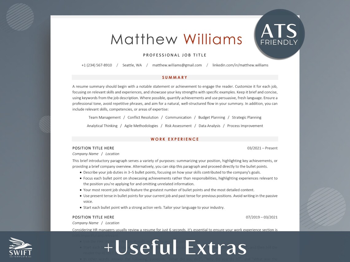 Modern ATS Resume Template for Word and Google Docs, Professional Cv ...