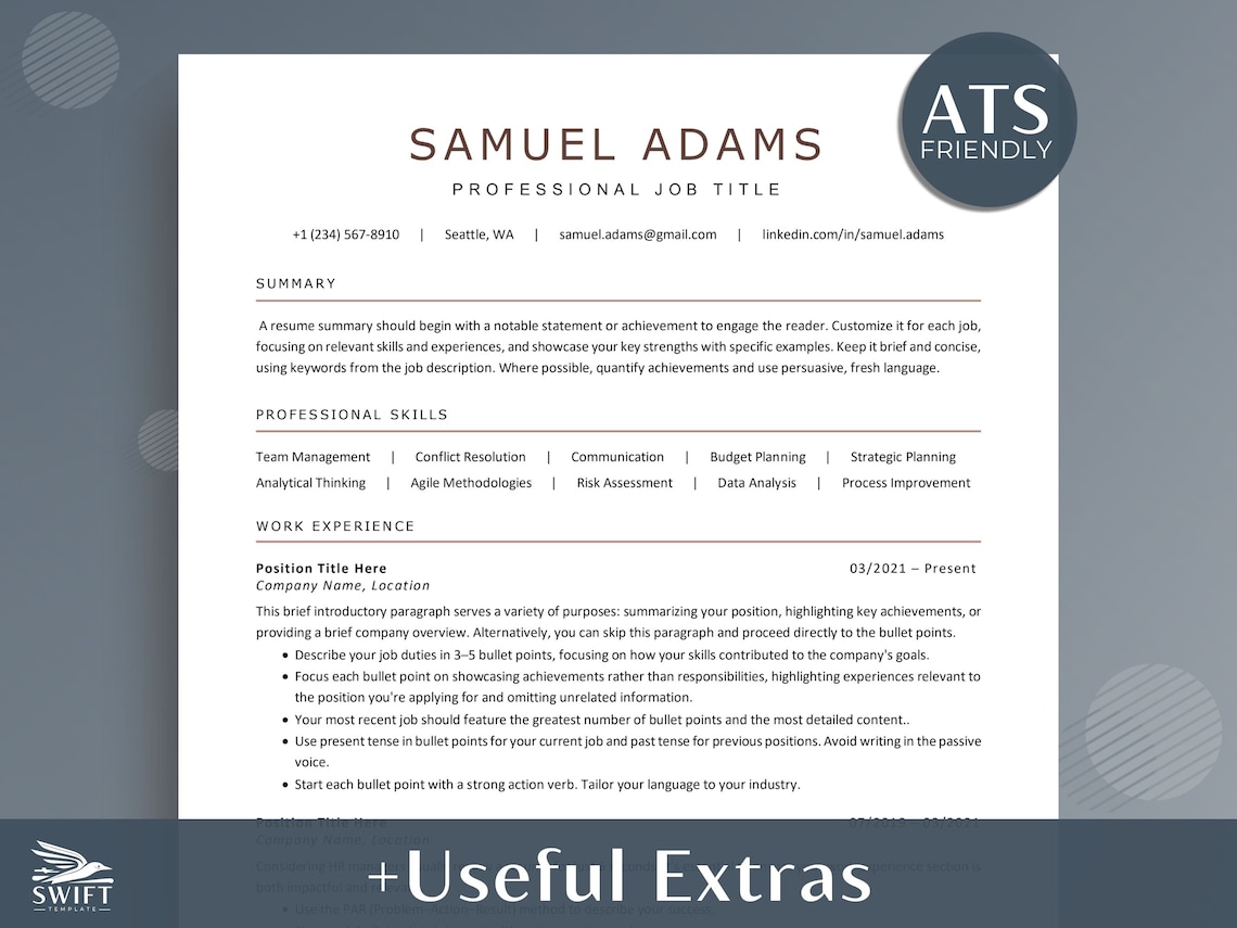 Modern ATS Resume Template for Word & Google Docs, Professional Cv ...