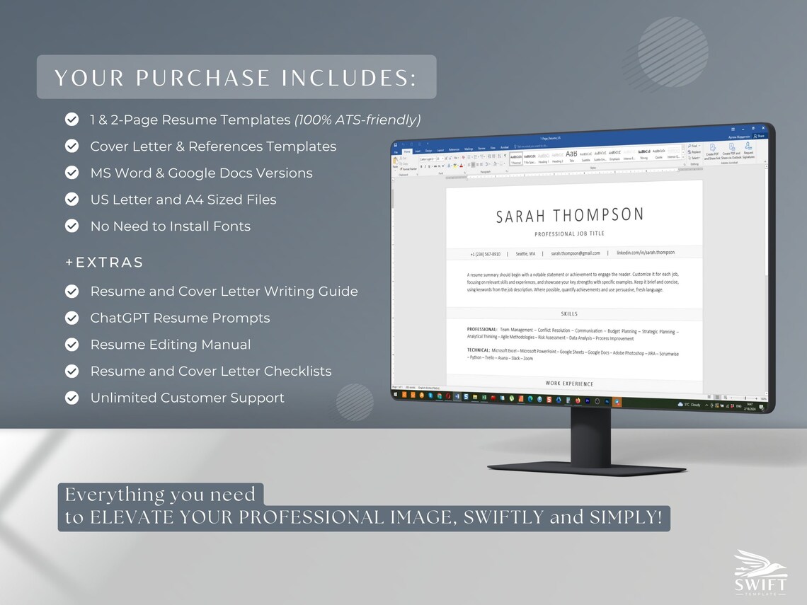 ATS Optimized Resume Template for Word and Google Docs, Simple ATS ...