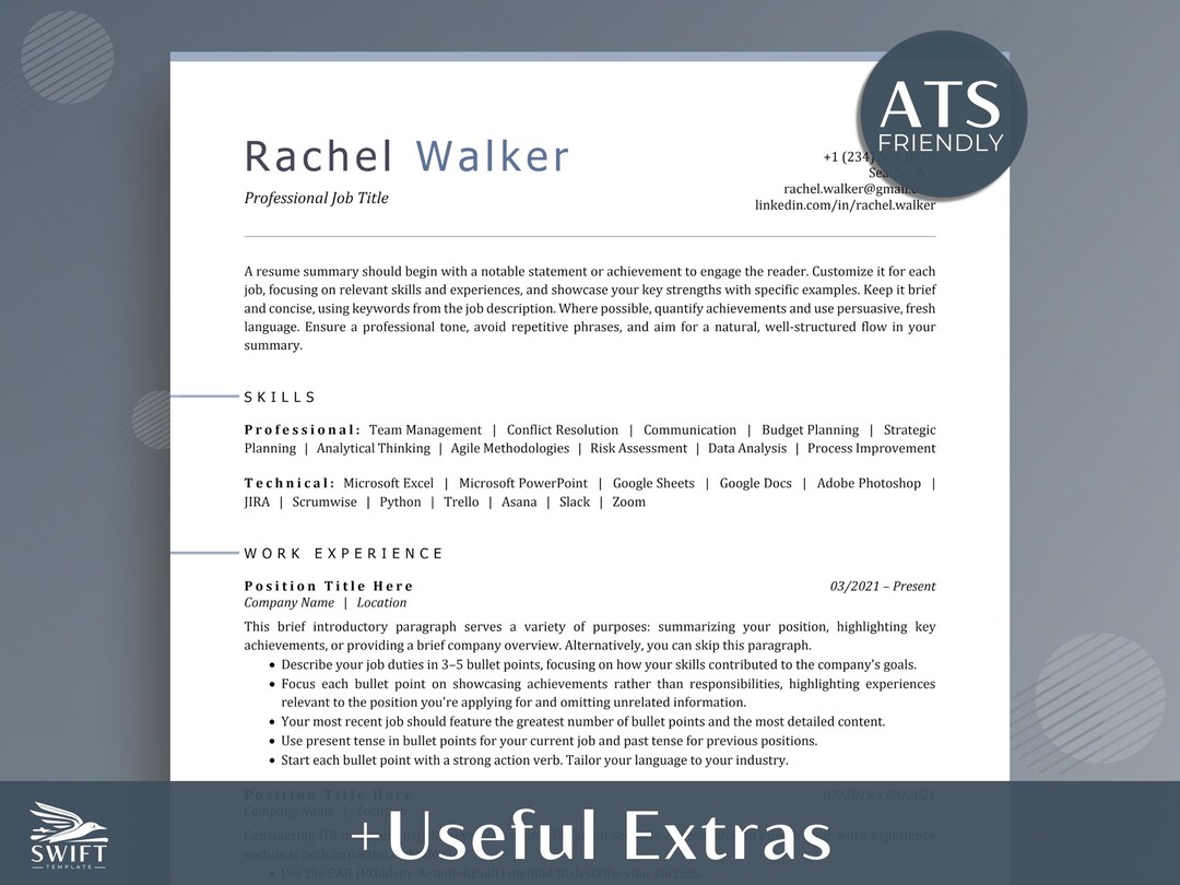 Modern ATS Resume Template for Word & Google Docs, ATS Compatible ...