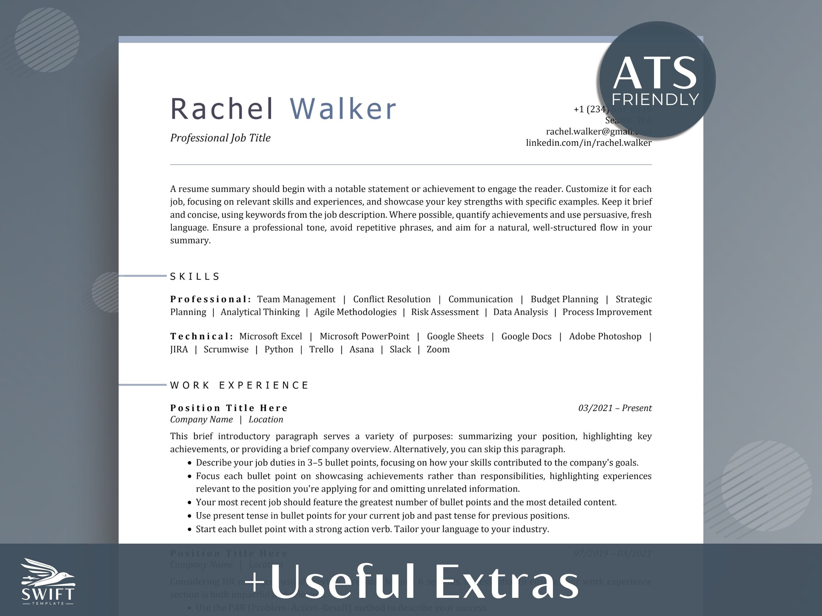 Modern ATS Resume Template for Word & Google Docs, ATS Compatible ...