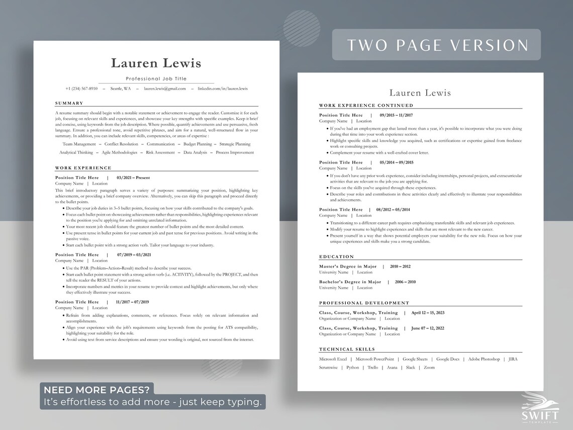 ATS Compliant Resume Template for Word & Google Docs, Traditional ...