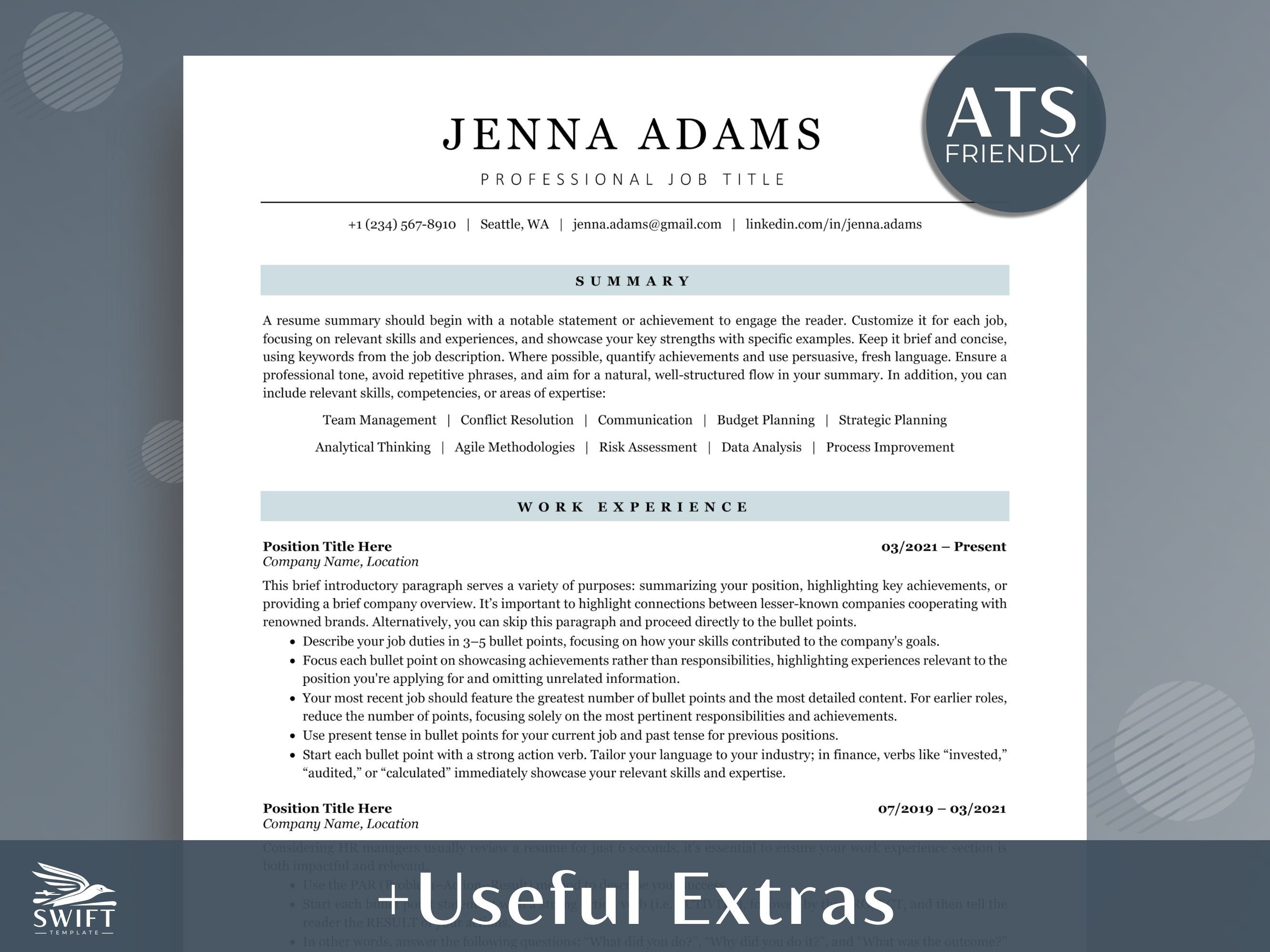 Professional ATS Compliant Resume for Word and Google Docs, Minimalist ...