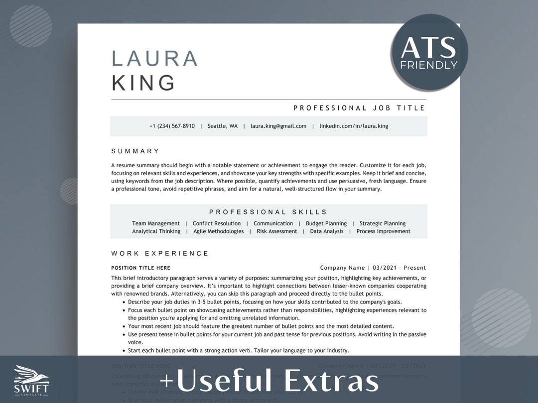 ATS Optimized Resume Template for Word and Google Docs, Simple ATS ...