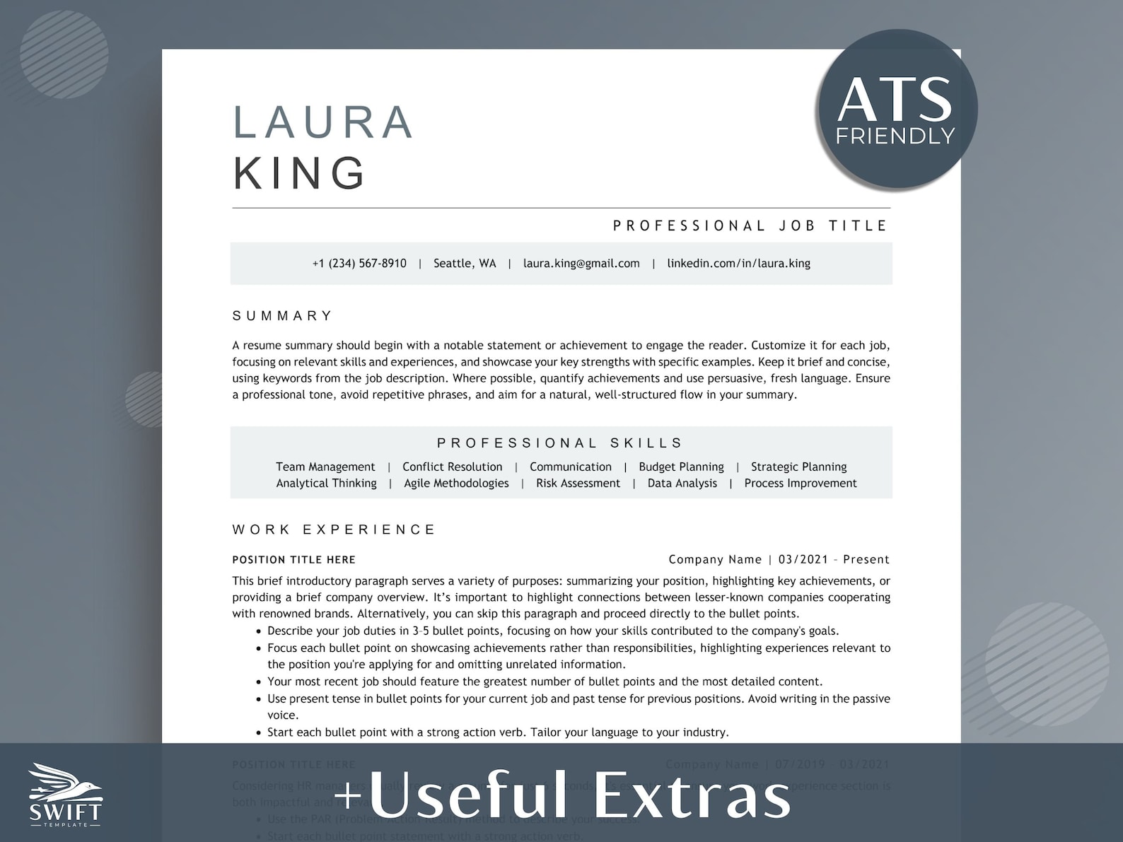 ATS Optimized Resume Template for Word and Google Docs, Simple ATS ...
