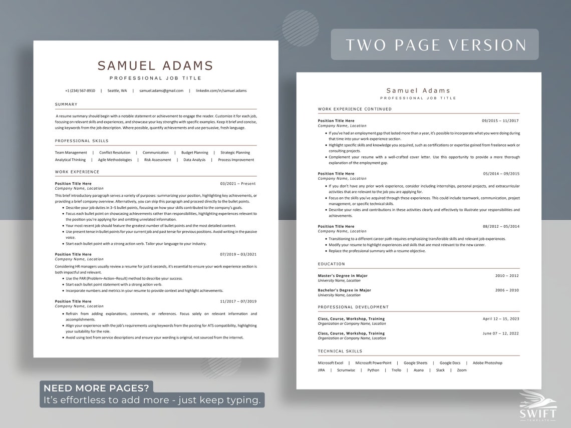 Modern ATS Resume Template for Word & Google Docs, Professional Cv ...