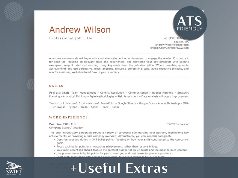 Professional ATS Friendly Resume Template for Word & Google Docs ...