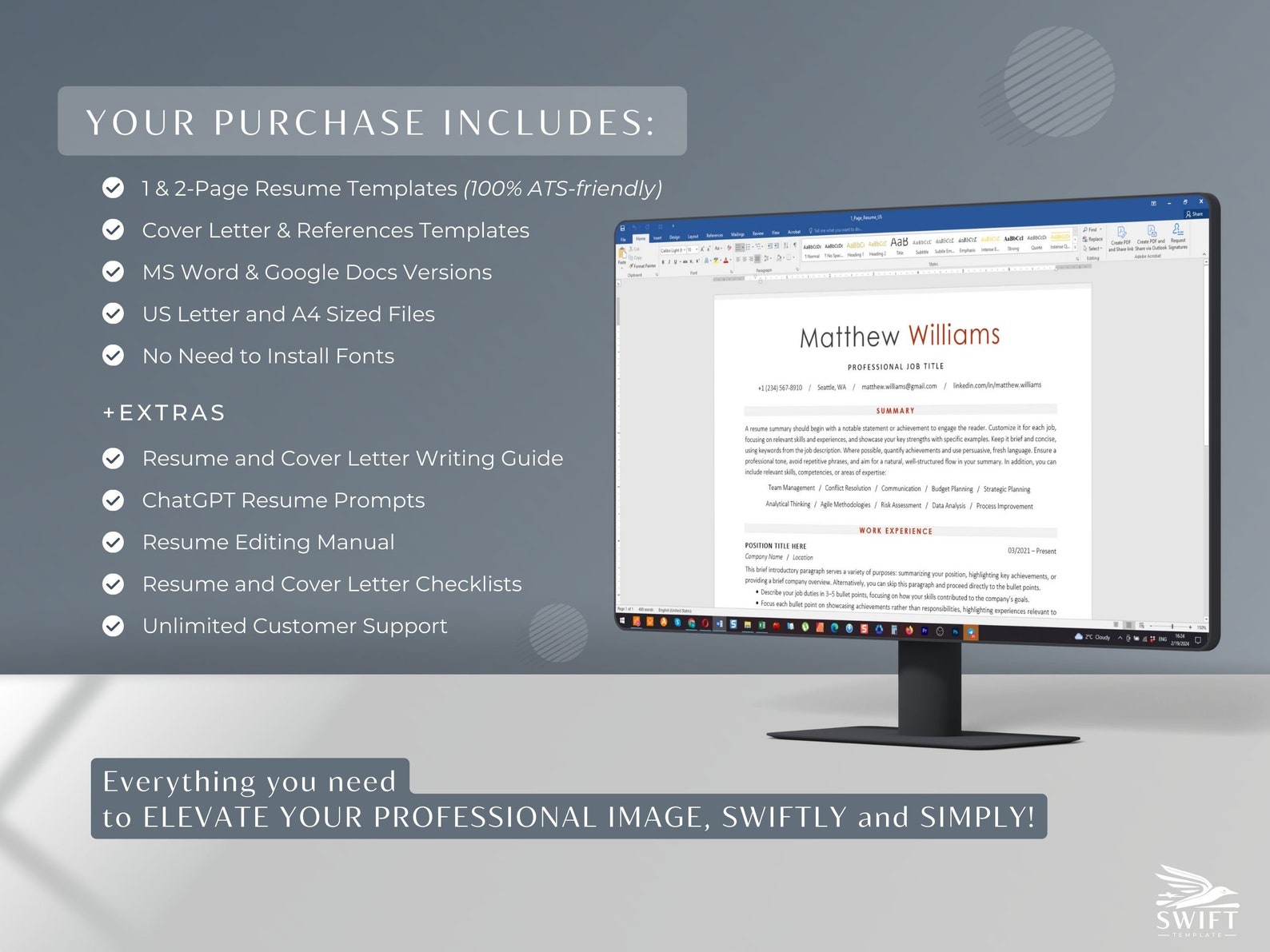Modern ATS Resume Template for Word and Google Docs, Professional Cv ...