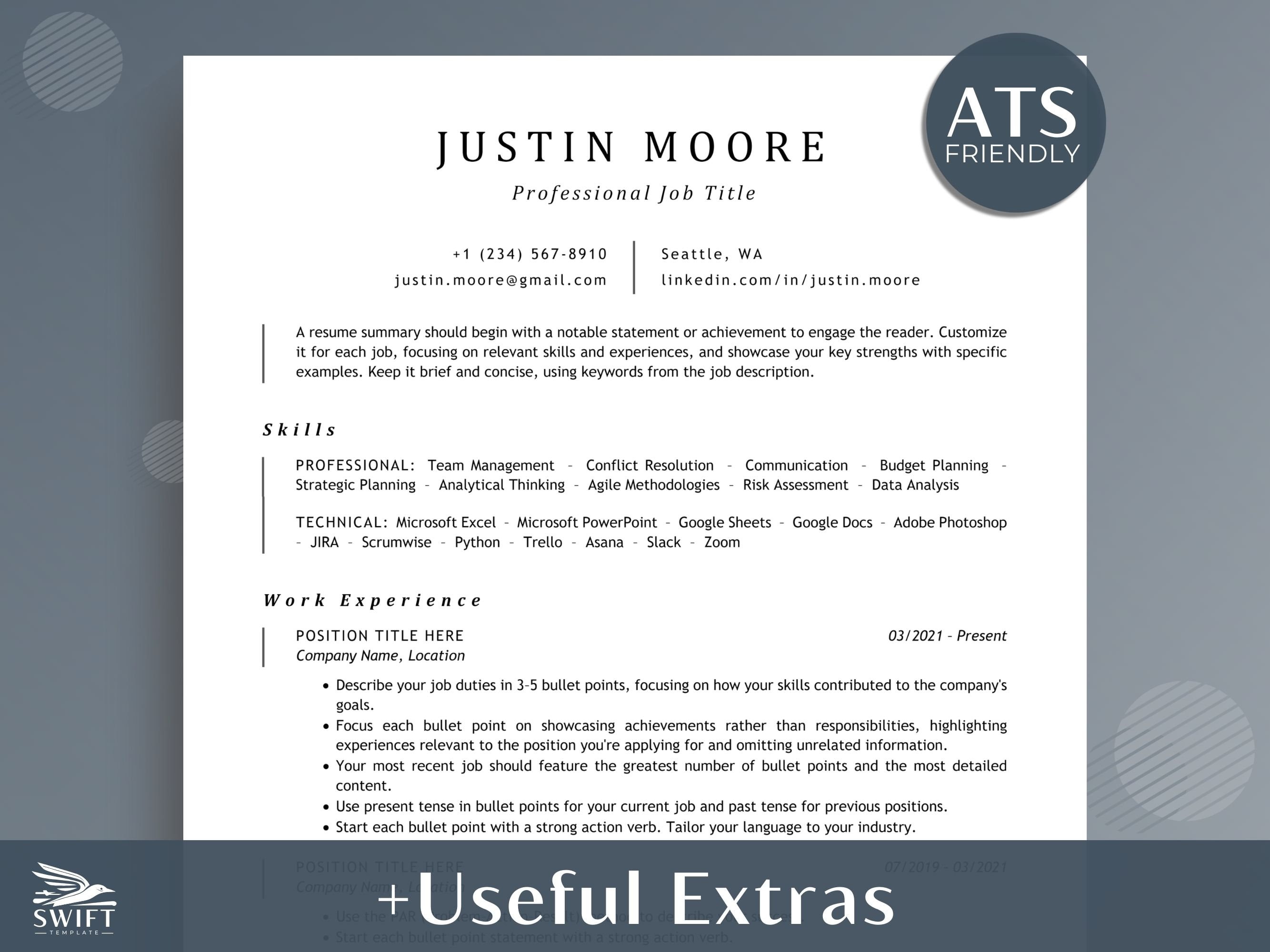 Minimalist ATS Resume Template Google Docs & Word, Simple Professional ...