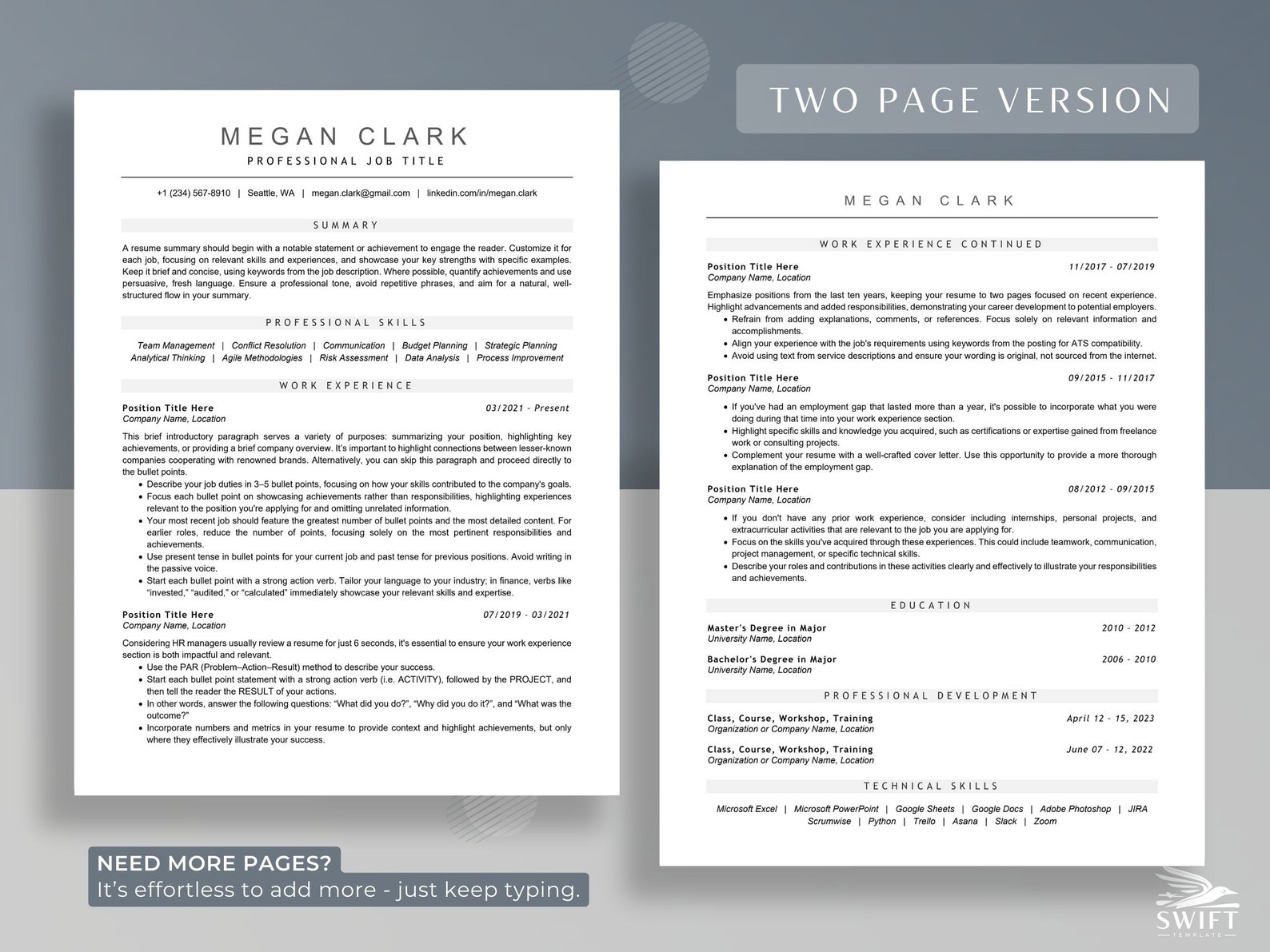 ATS Friendly Resume Template for Microsoft Word and Google Docs, 2 Page ...