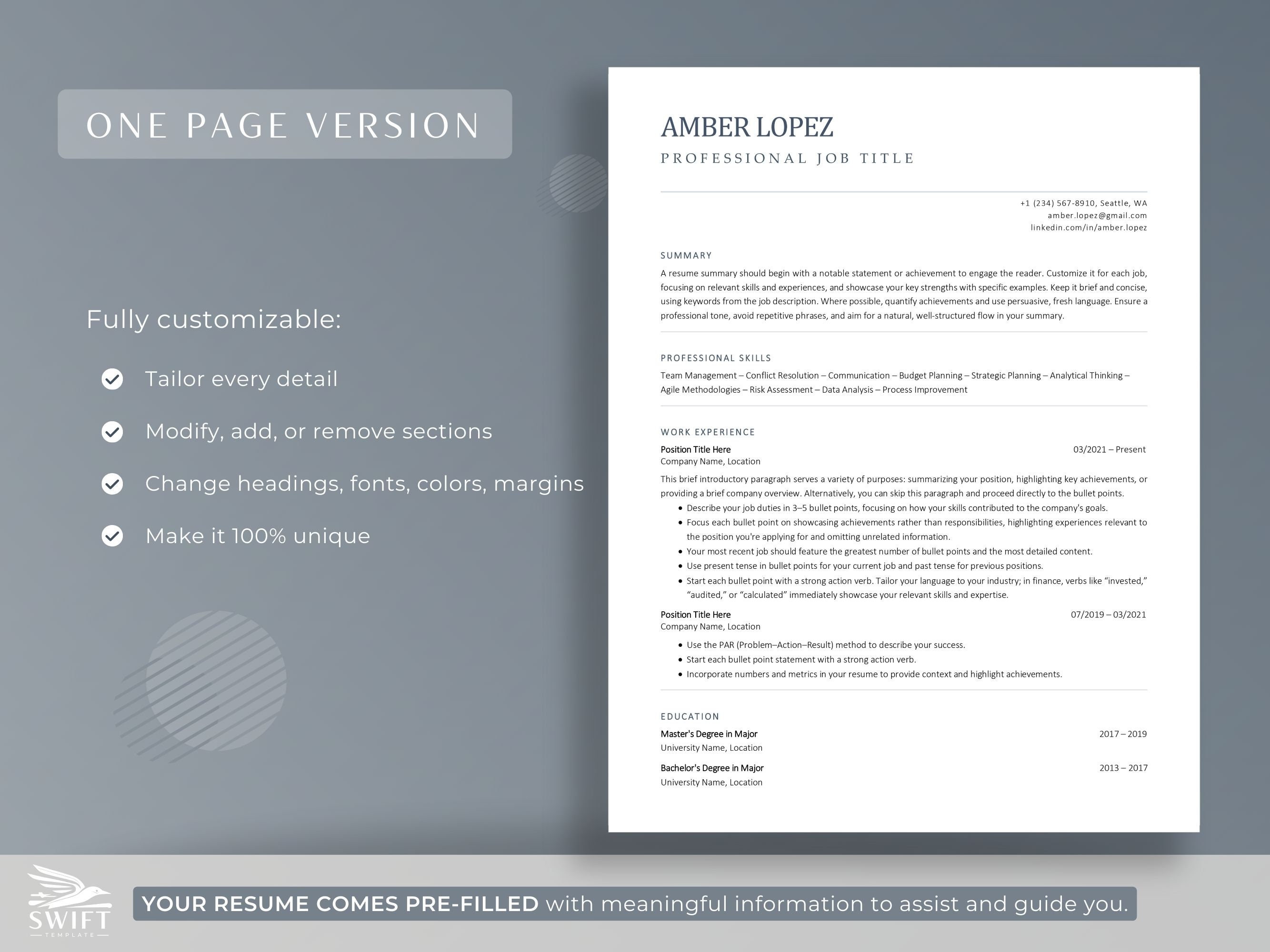 Professional ATS Resume Template for Word and Google Docs, Modern Cv ...