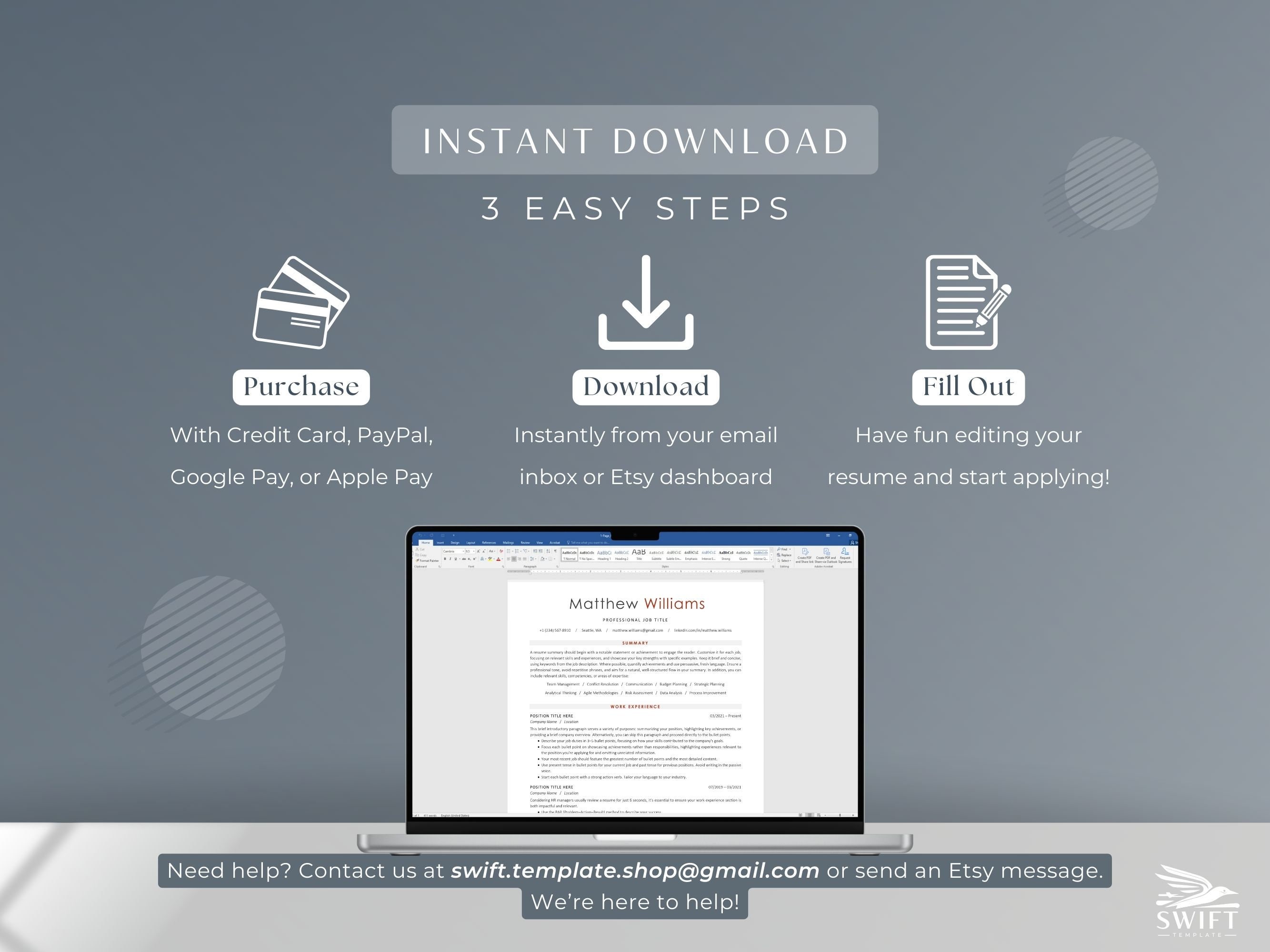 Modern ATS Resume Template for Word and Google Docs, Professional Cv ...