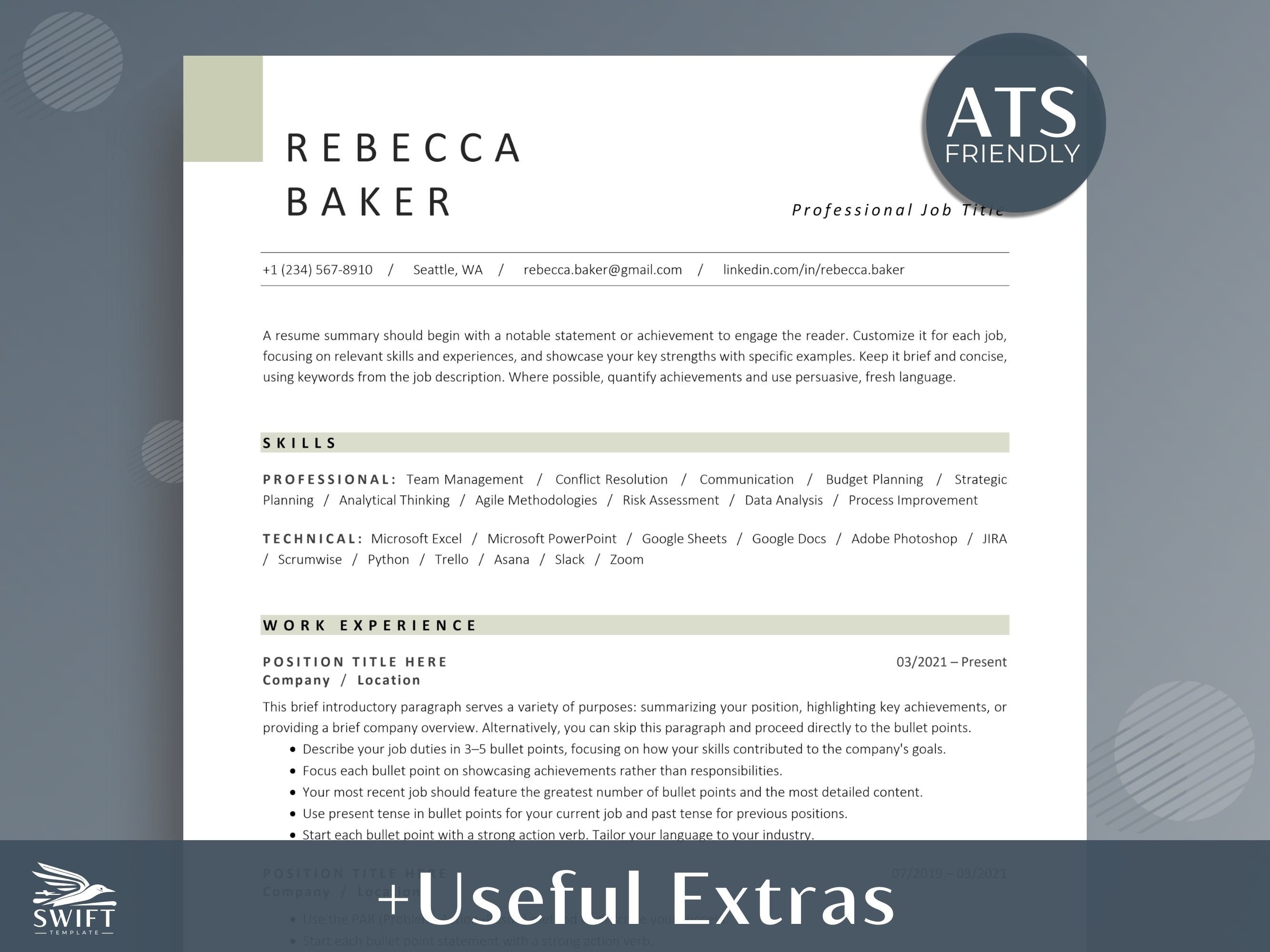 Professional ATS Friendly Resume Template for Word and Google Docs ...