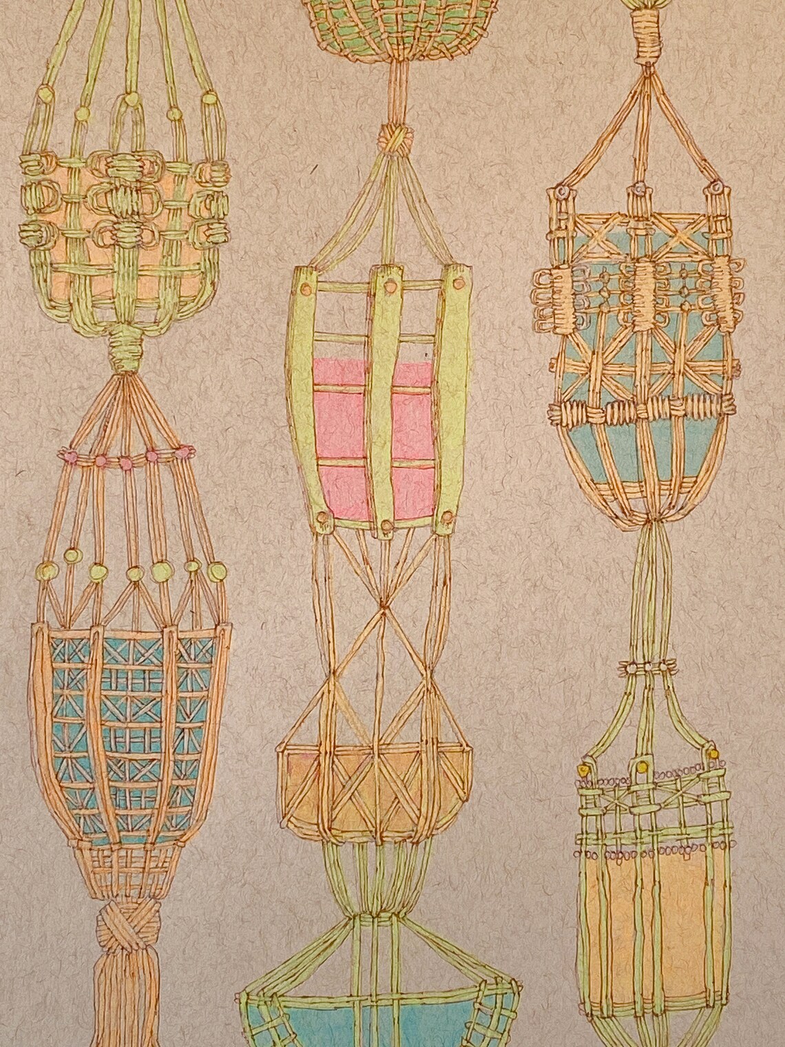 Hanging Macrame Baskets - Original Artwork - Illustration and ...