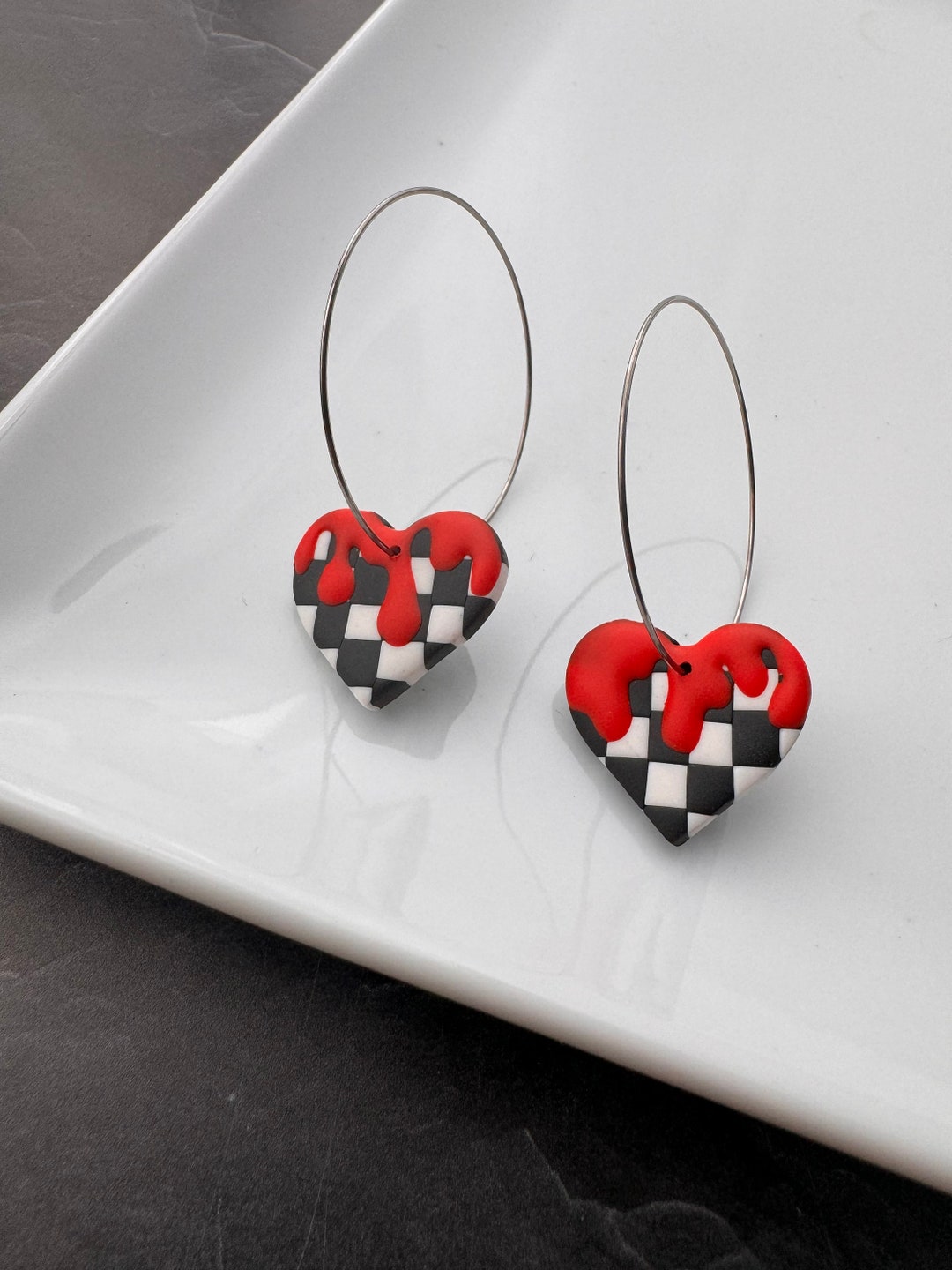 Black and White Checkered Bleeding Heart Hoops - Etsy