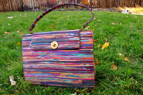 Vintage 1950s Purse Neon Rainbow with gold Accents - Gem