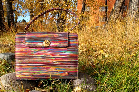 Vintage 1950s Purse Neon Rainbow with gold Accents - Gem
