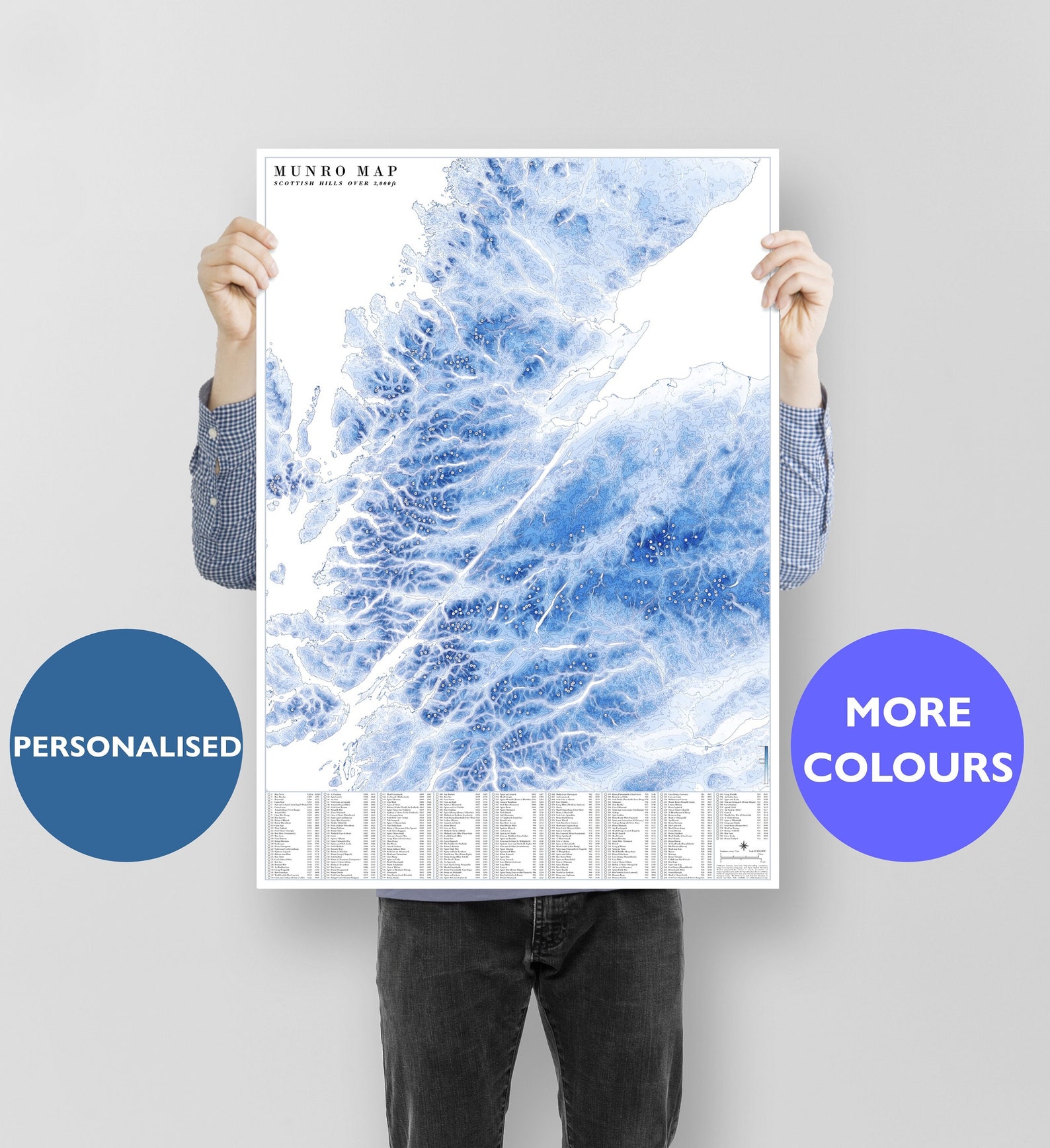 Munro Bagging Map, Scotland. Scottish Flag Colours, Tick List of Munros by Height. Poster Gift ...