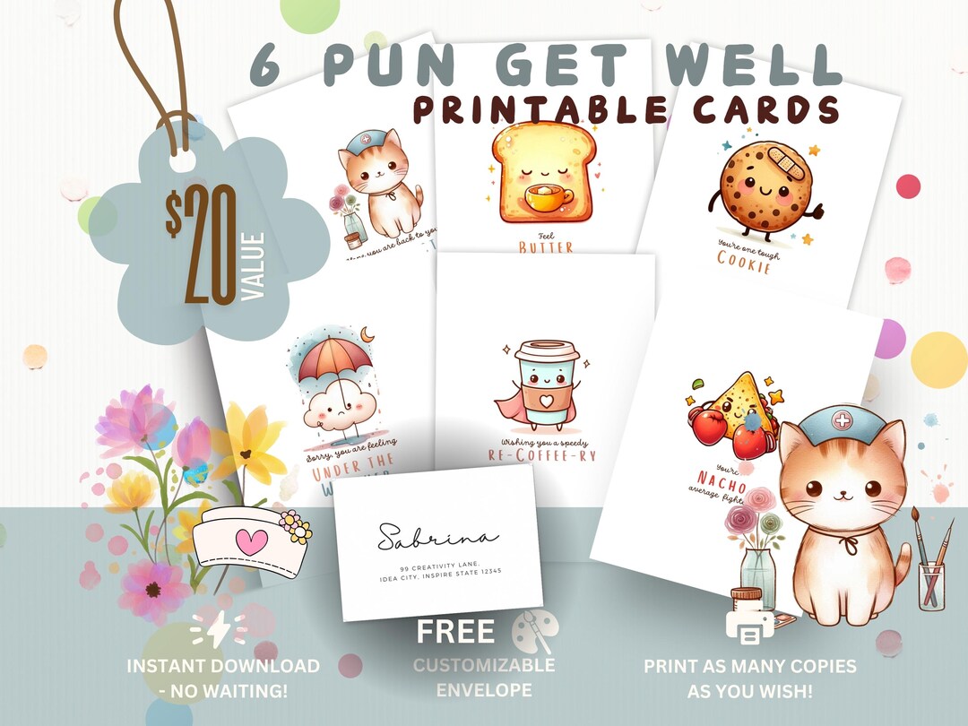 Funny Get Well Soon Card Bundle | 6 Punny Printable Cards for Recovery ...