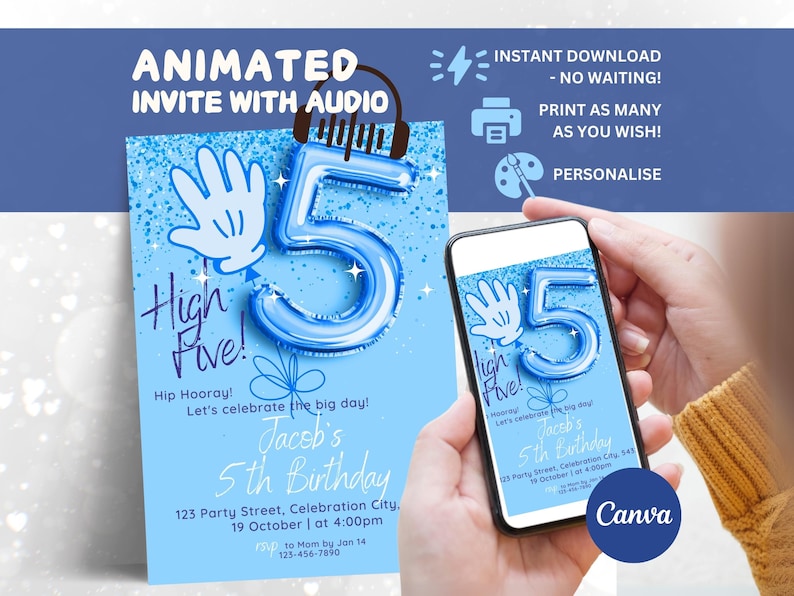 Hi Five 5th Birthday Animated Invitation: Editable Kids Party Evite ...