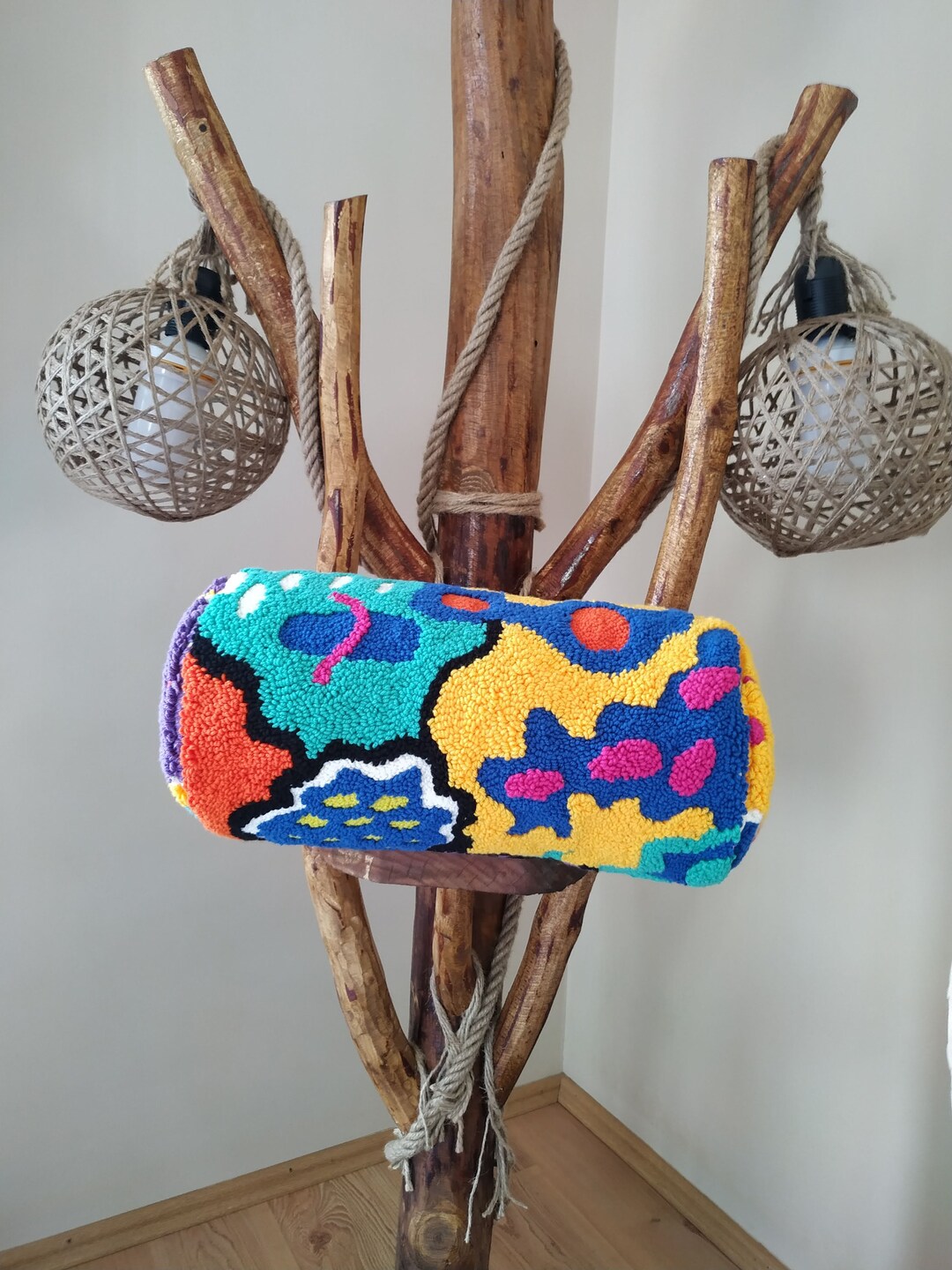 Punch Needle Cylindrical Pillow, Hand Tufted Abstract Bolster Pillow ...