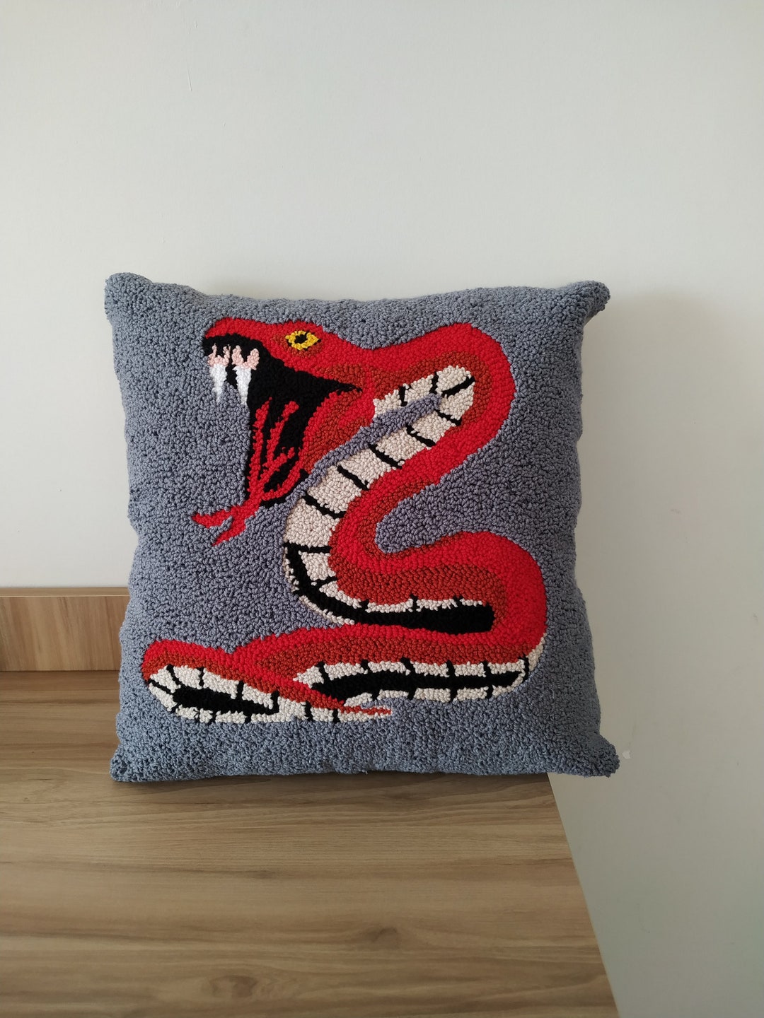 Hand Tufted Red Snake Pillow Cover, Cobra Snake Punch Needle Cushion ...