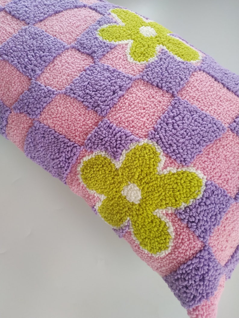 Pink and Lilac Checkered Punch Needle Pillow Cover, Hand Tufted Flower ...