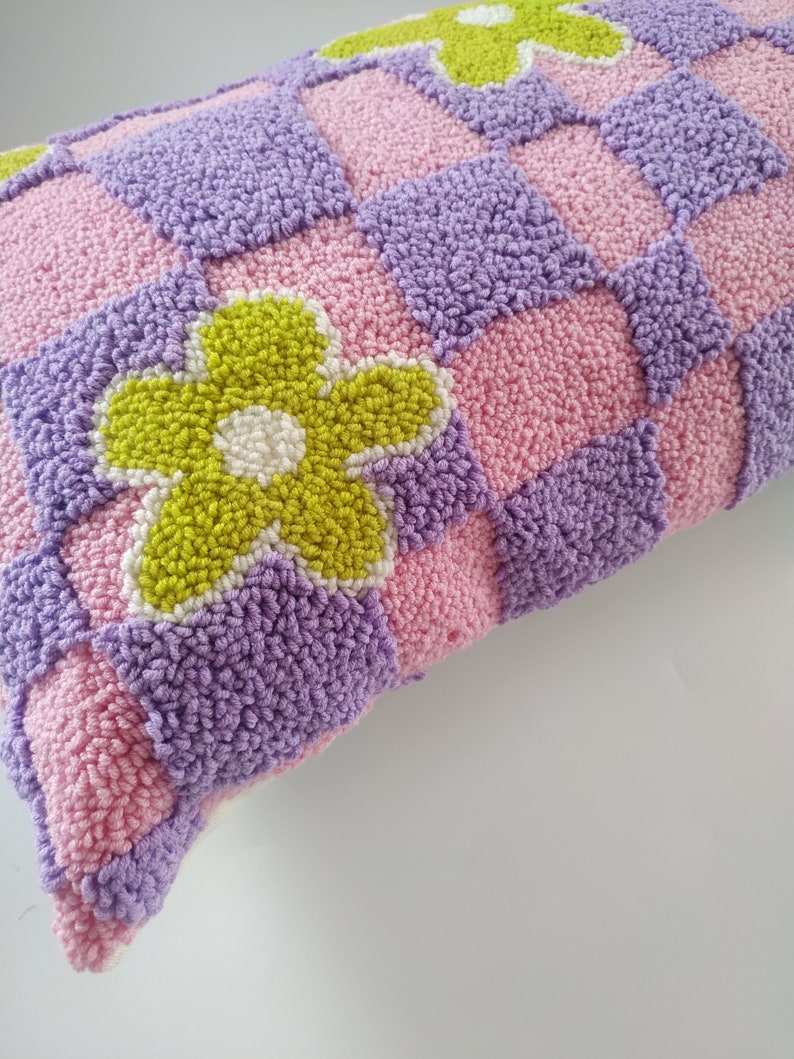 Pink and Lilac Checkered Punch Needle Pillow Cover, Hand Tufted Flower ...