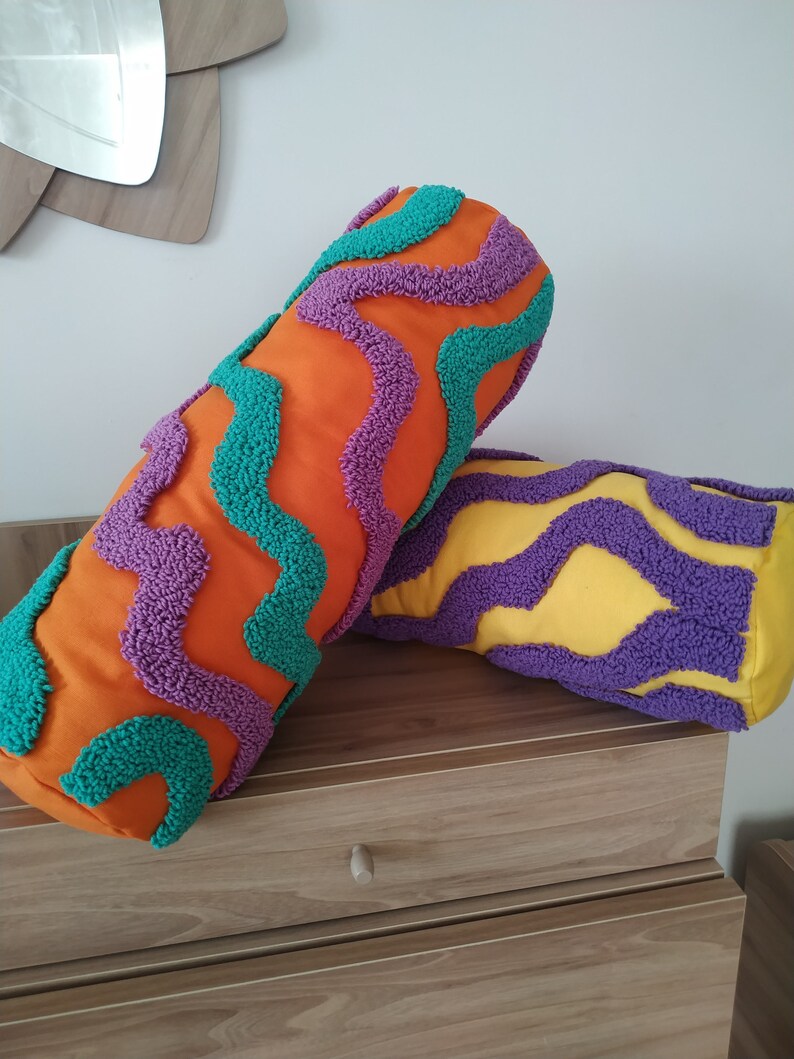 Colorful Bolster Punch Needle Pillow Cover, Handmade Tufted Cylindrical ...