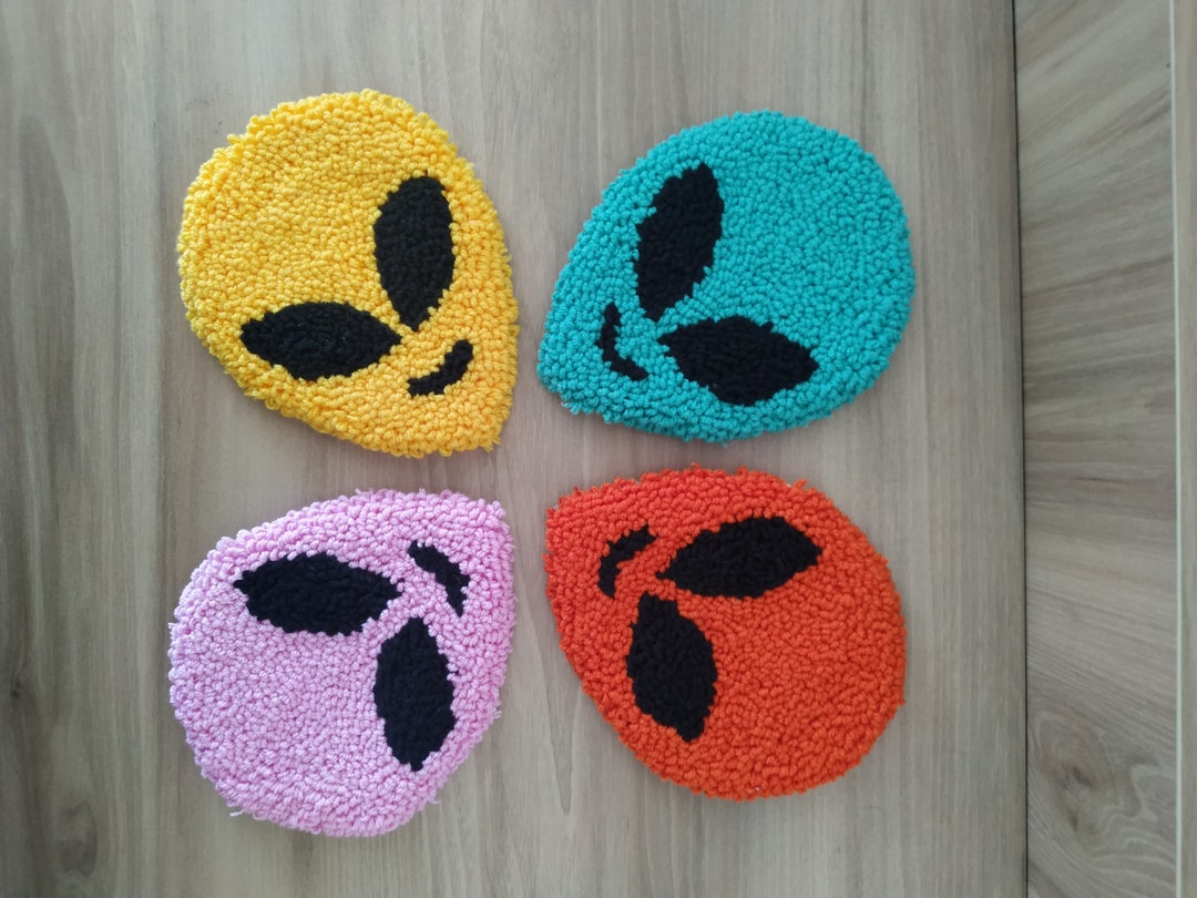 Hand Tufted Alien Head Coasters: Colorful Punch Needle Mug Rugs, Set of ...