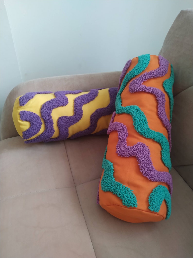 Colorful Bolster Punch Needle Pillow Cover, Handmade Tufted Cylindrical ...
