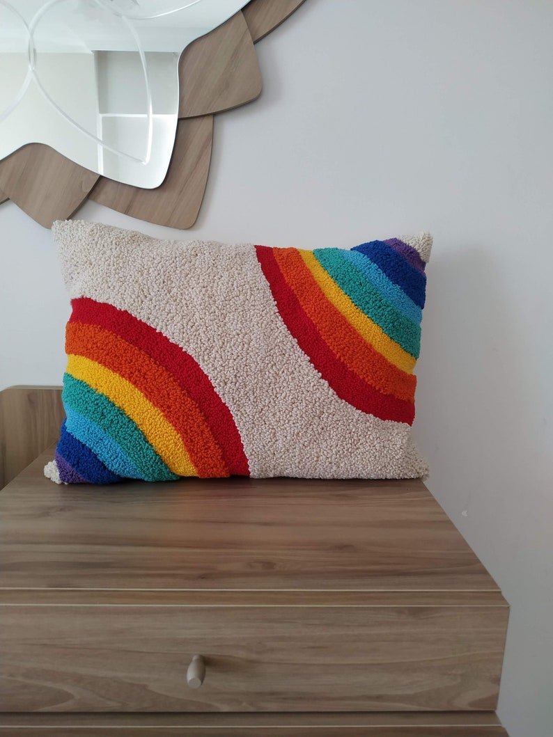 Hand Tufted Rainbow Throw Pillow, Colorful Punch Needle Pillow Cover ...