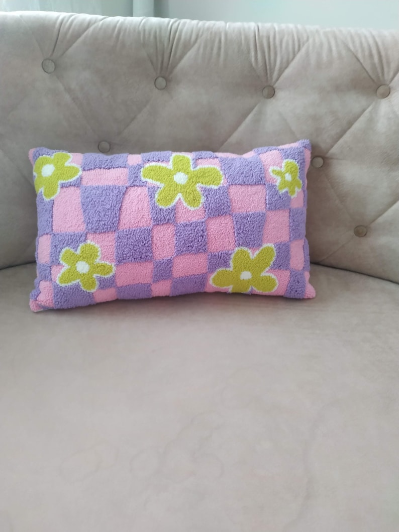 Pink and Lilac Checkered Punch Needle Pillow Cover, Hand Tufted Flower ...